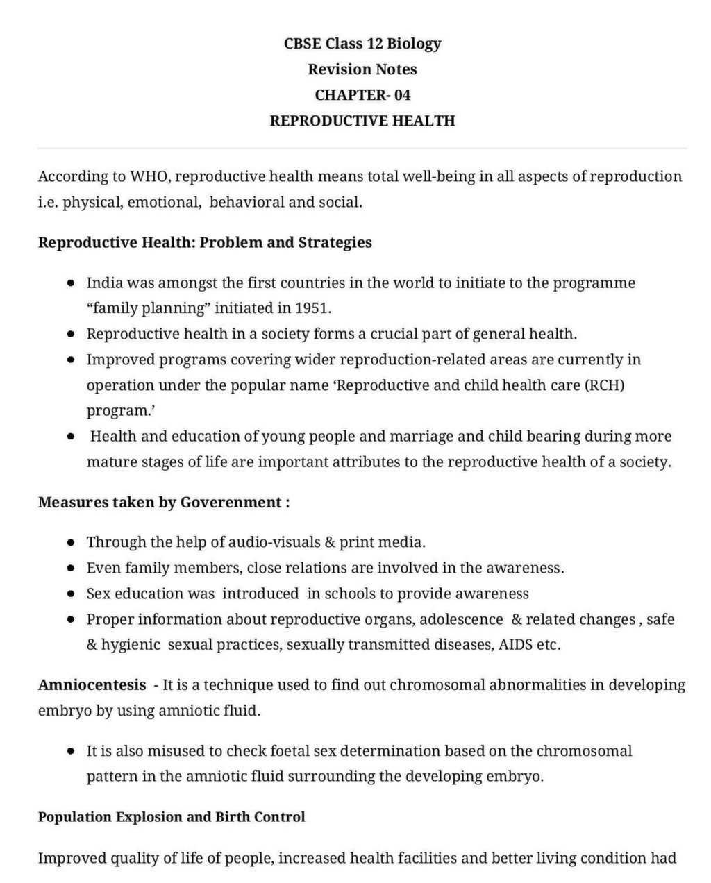 Biology Revision Notes Chapter 04 Reproductive Health FREE PDF | Neet ...