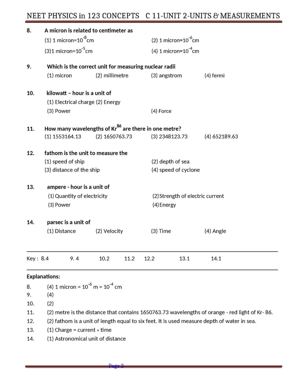 Physics UNIT and Measurement MCQ FREE PDF | Neet Exam PDF NCERT ...