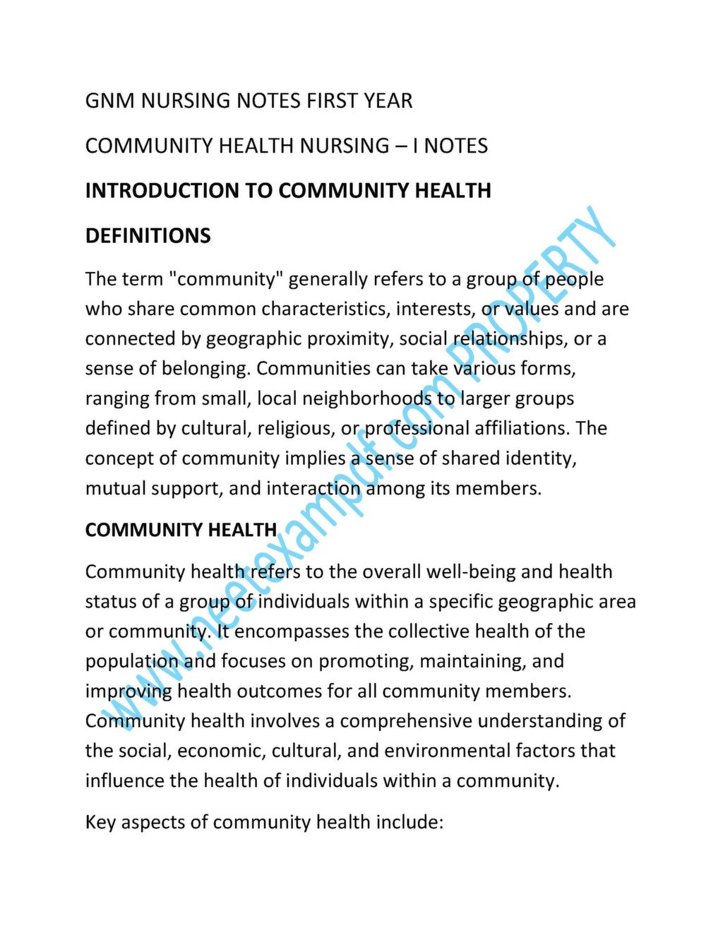 GNM NURSING NOTES 2024 FIRST YEAR COMMUNITY HEALTH NURSING – I PDF ...